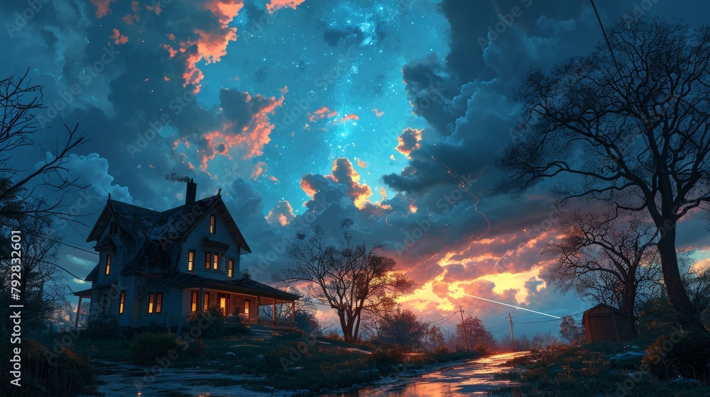 blue lit night sky with the galaxy in full view, a vibrant neon beam ...