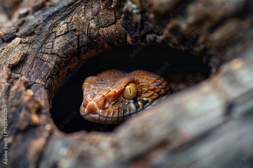 Snake Hiding in Hollow Log: Macro Photograph of Baby Bush Viper Reptile ...
