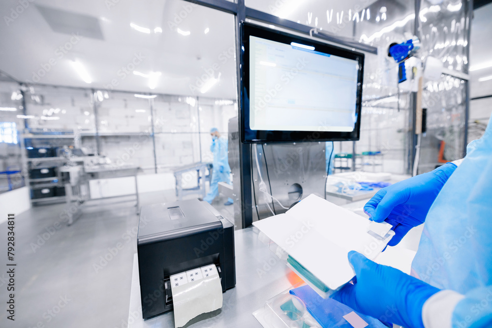 Medical professional operates label printer in high tech sterile ...