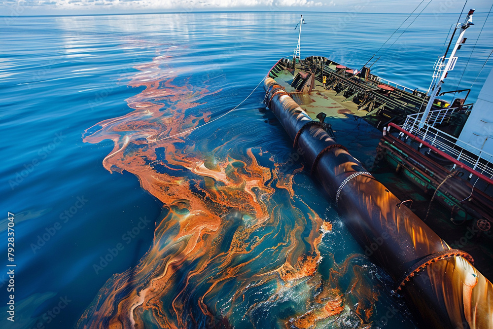 Oil leak from Ship , Oil spill pollution polluted water surface water ...