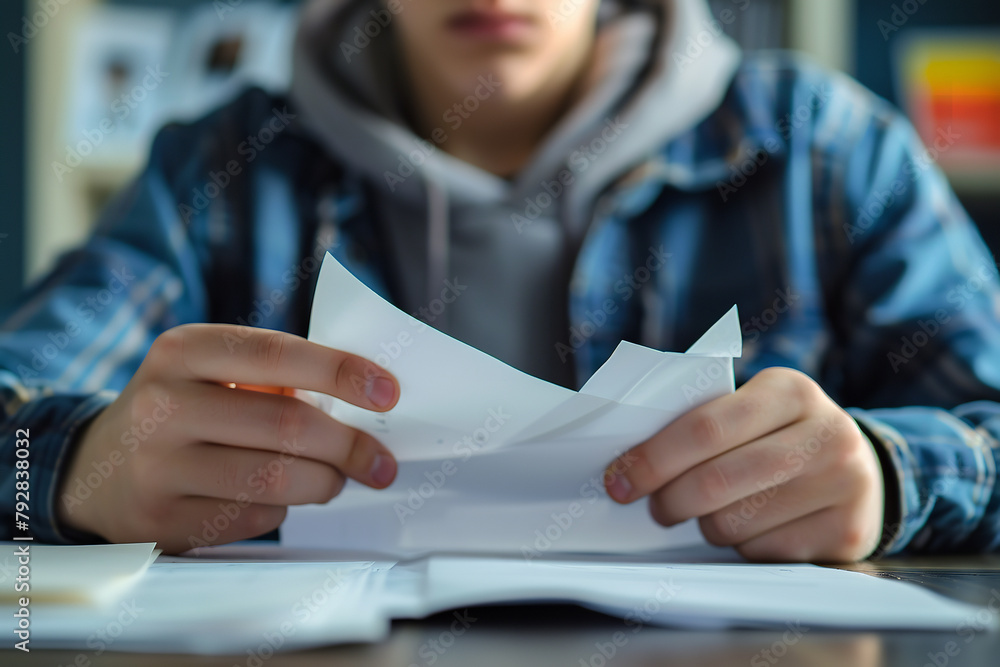 Nervously fidgeting hands clutch a paper, a close-up capturing the ...