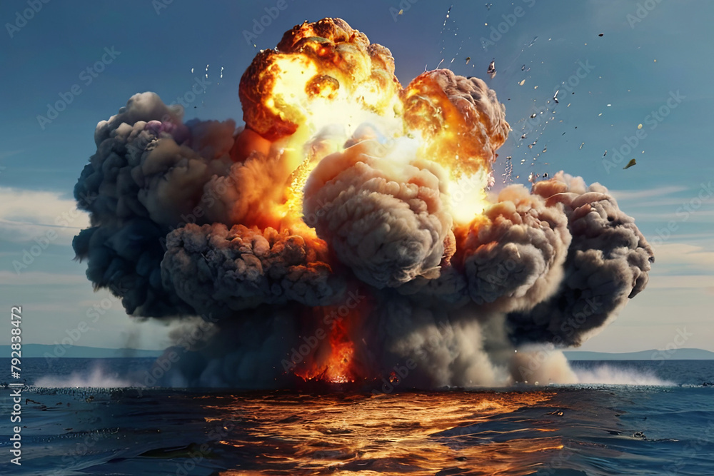 Powerful bomb explosion in the sea creates fire and smoke on water ...
