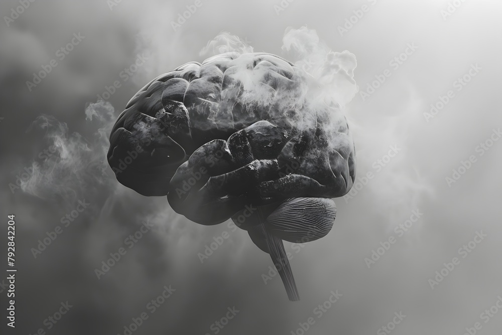 A brain is shown in a greyish color with smoke surrounding it. The ...