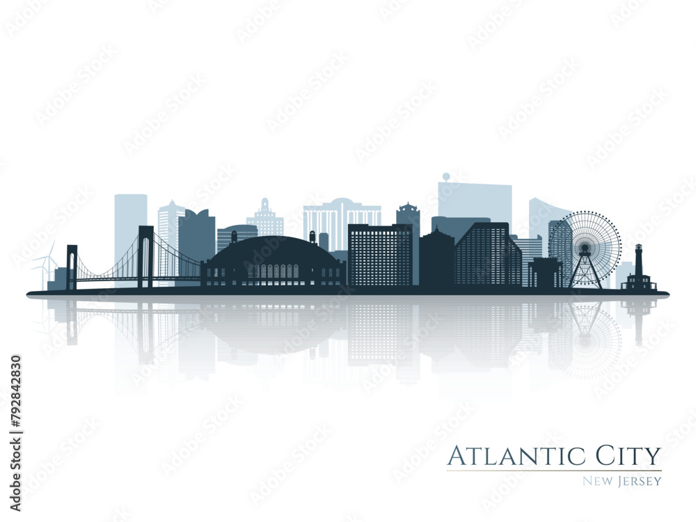 Atlantic city skyline silhouette with reflection. Landscape Atlantic ...