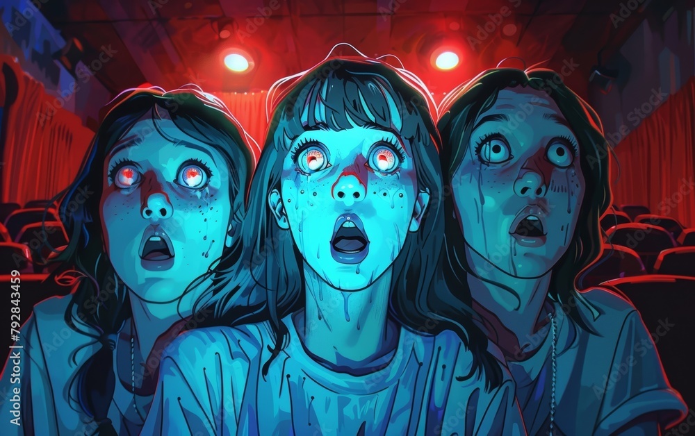 Women are enjoying a creepy horror film at the movie theater. AI ...