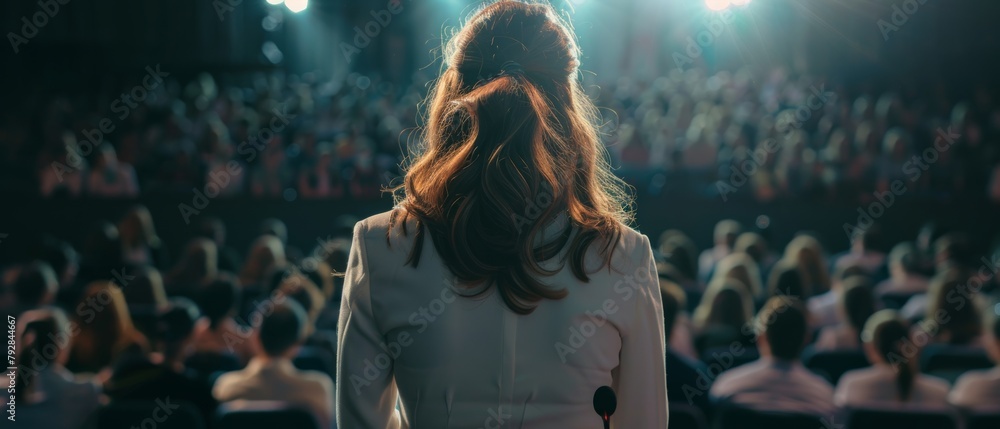 A female motivational speaker gives a talk about happiness, diversity ...