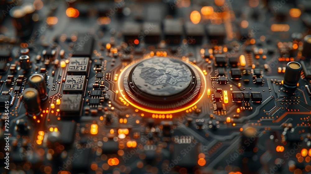 A panoramic close-up view under the microscope of a motherboard ...