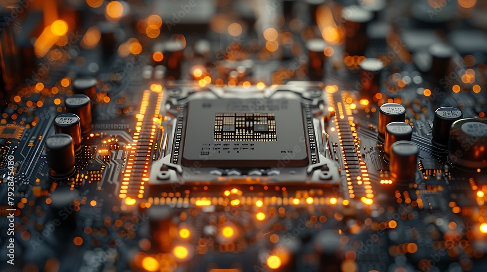 A panoramic close-up view under the microscope of a motherboard ...