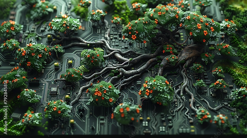 A panoramic view of a motherboard transformed into a living ecosystem ...