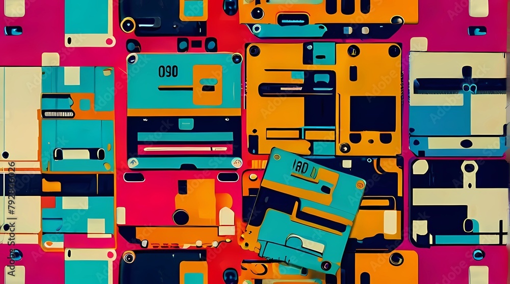 Bright colored background with floppy disks, vinyl discs, cassettes ...