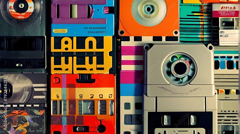 Bright colored background with floppy disks, vinyl discs, cassettes ...