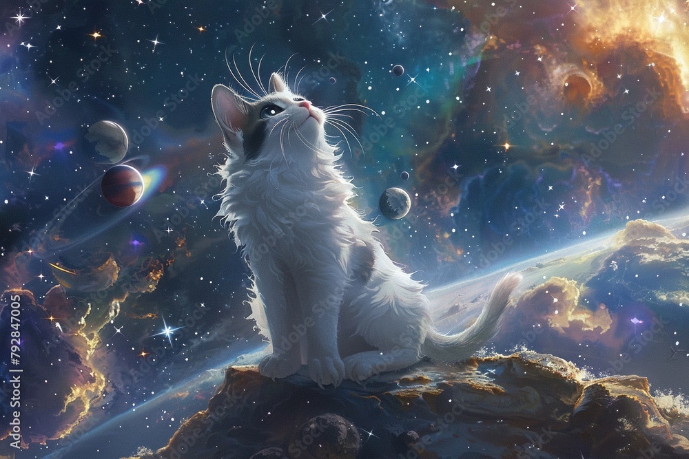 Space Cat Adventure: Kawaii Astronaut Exploring Outer Space Stock ...