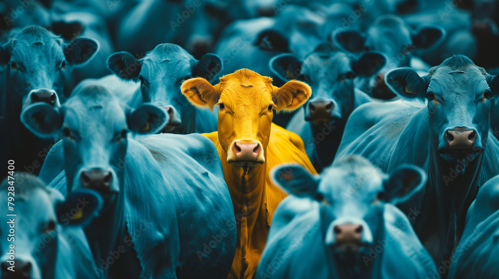 A vibrant yellow cow stands out in a crowd of identical blue cows ...