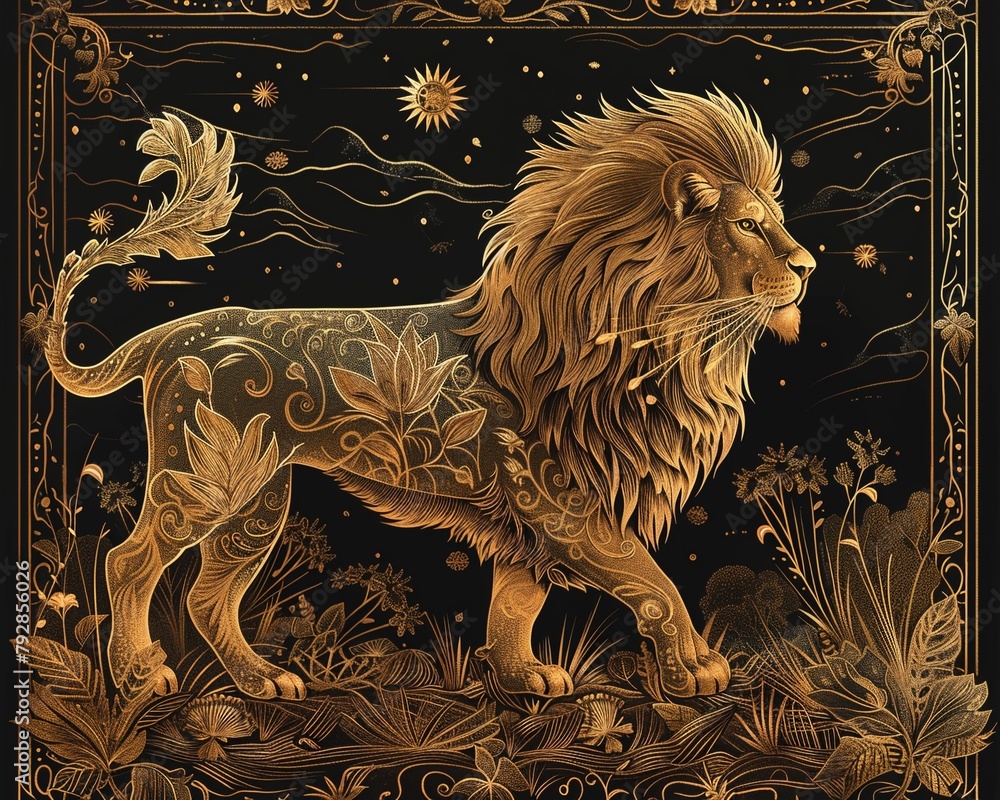 Opulent golden line art of a regal lion amidst a forest setting ...