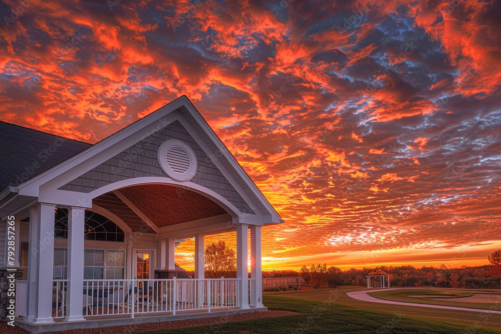 New construction clubhouse under a fiery sunset sky, with a white porch ...