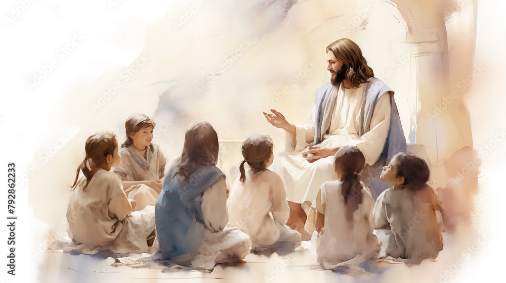 Foto de Jesus with group of children in park. Teaching children about ...