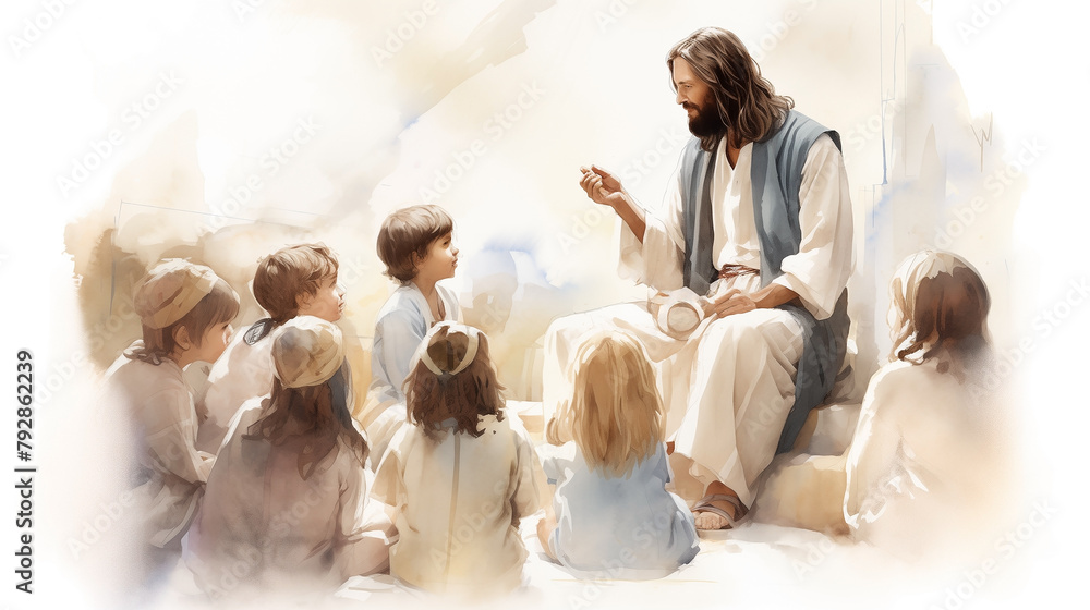 Jesus with group of children in park. Teaching children about Jesus ...