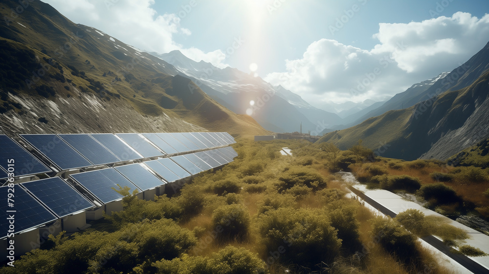 Solar panels, solar cell in solar farm with sun lighting to create the ...