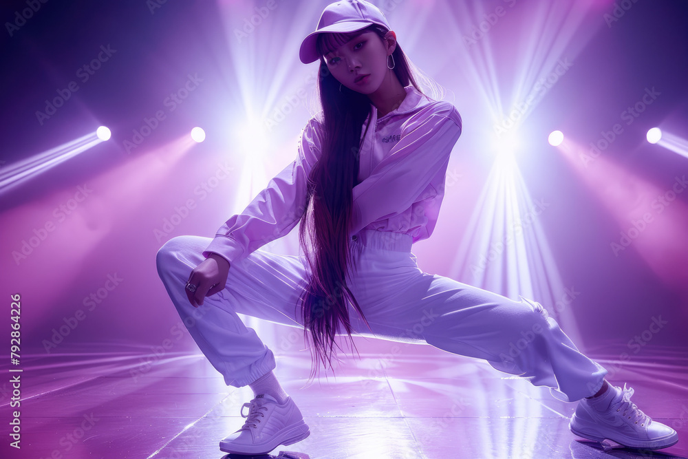 Full body shot of a female Kpop idol wearing white pants and a pastel ...