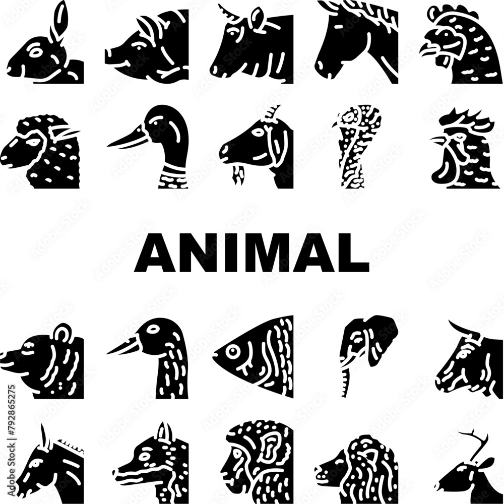 animal zoo pet face farm icons set vector. elephant cow, bear, pig, cat ...