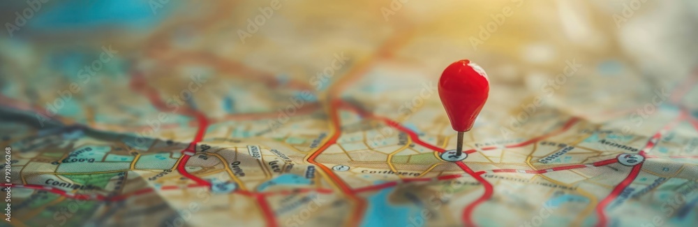 Adventure, discovery find your way. Location marking with a pin on a ...
