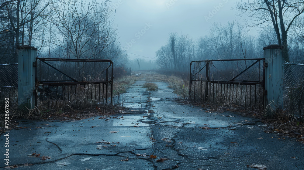 Desolate post-apocalyptic zoo scene with empty overgrown enclosures and ...