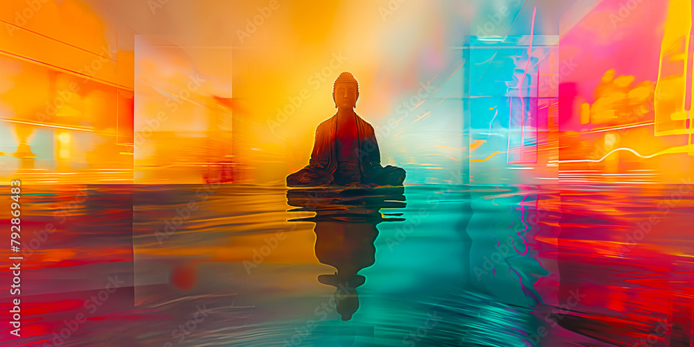Buddha figure blending into a dynamic, psychedelic color flow ...