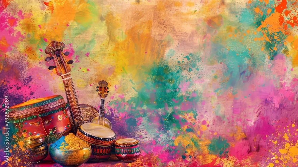 A celebration of Holi with a focus on music. Depict a hand-painted ...