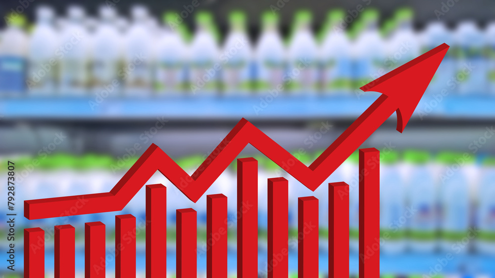 Red growing up arrow on defocused shelves with dairy products. Bar ...