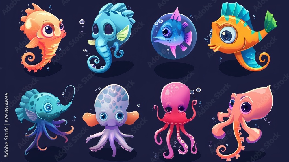 Cartoon sea creatures including seahorses and puffer fish. Cartoon sea ...