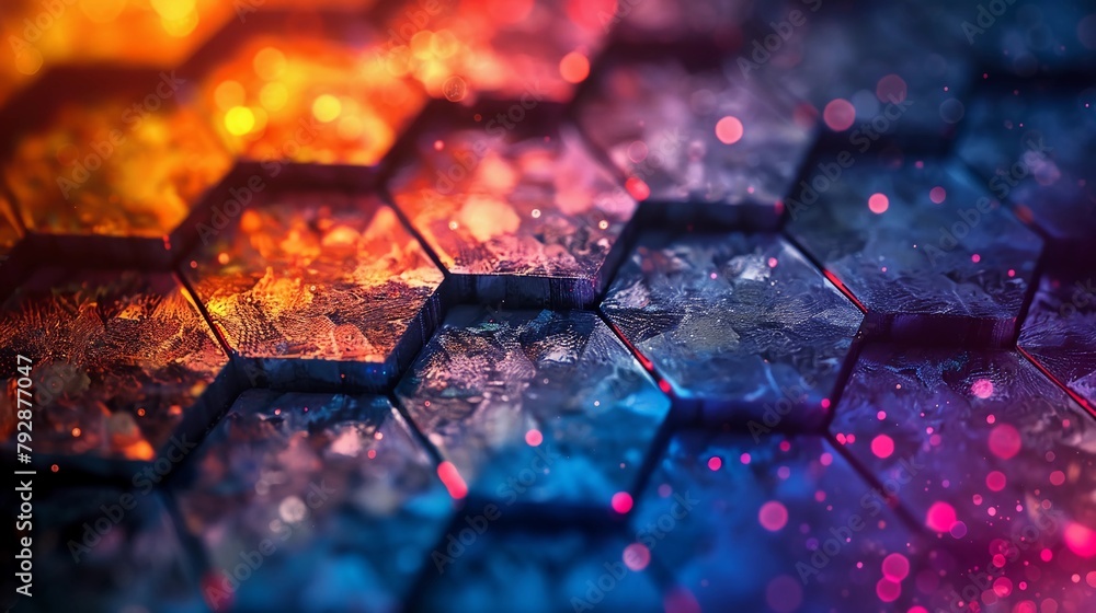 Hexagon Grid Cells Pattern. Dark Iridescent Shimmering Radiance. Abstract Honeycomb Gradient ...