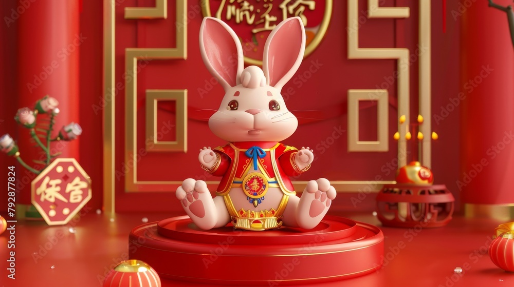 This illustration shows a rabbit in traditional costumes sitting on a ...