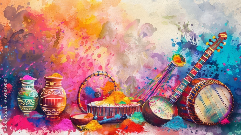 A celebration of Holi with a focus on music. Depict a hand-painted ...