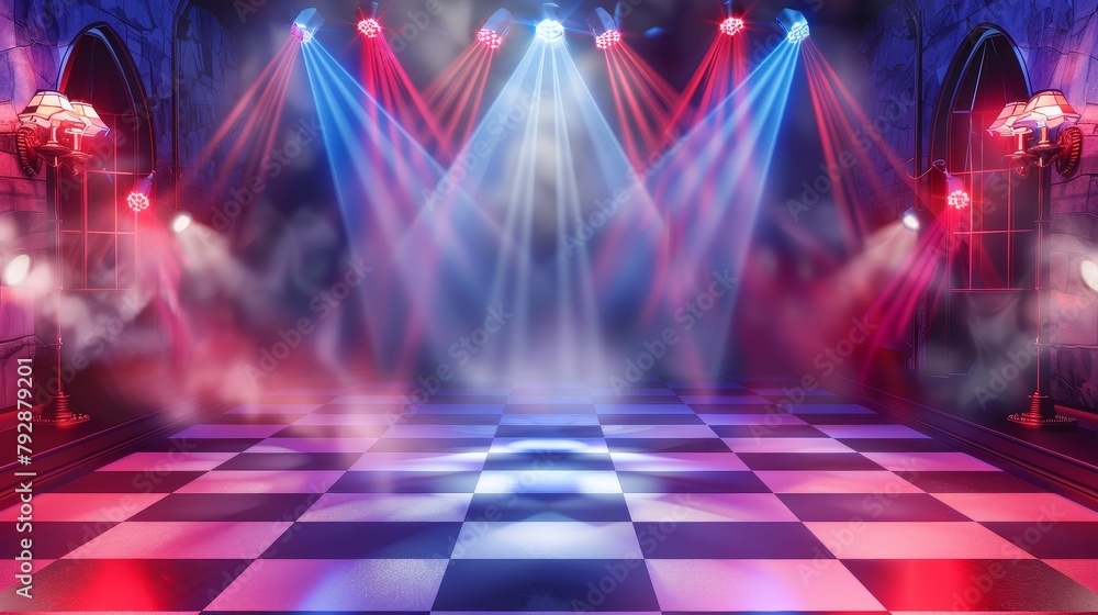Checkered scene with laser beams, lamps, and swirling smoke, disco ...