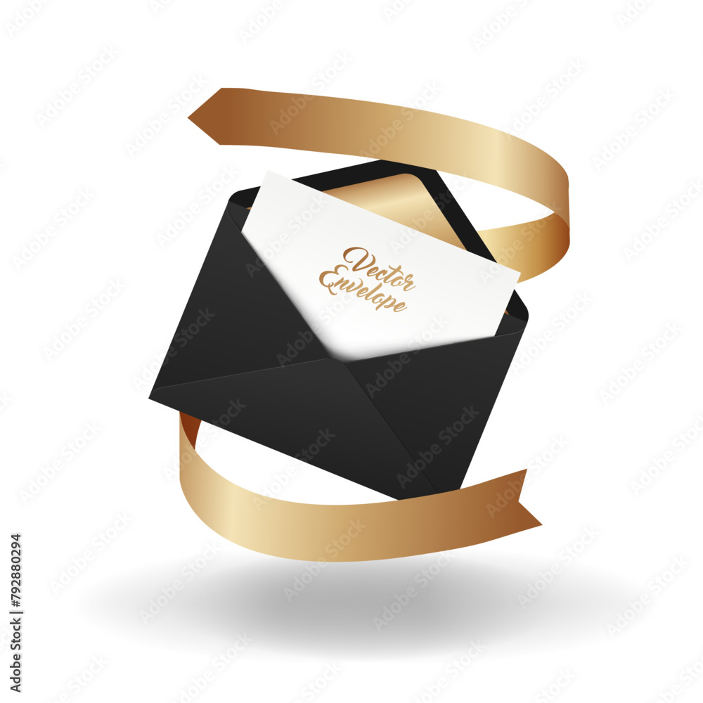 Vector envelope. Open black envelope with invitation card and gold ...