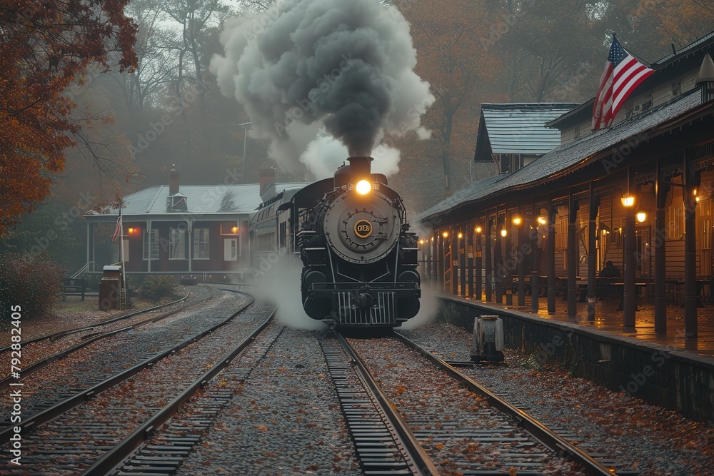 A vintage passenger train departing from a classic train station ...