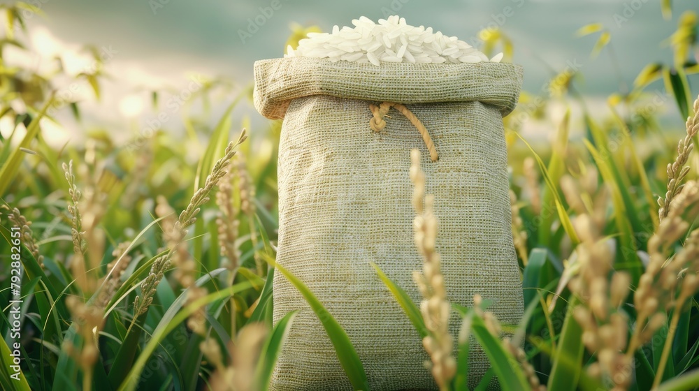 Mock up of a 3D rice bag on an engraving rice paddy background. We ...