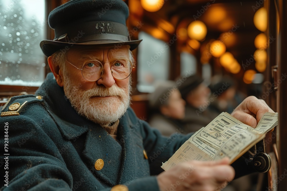 An old-fashioned ticket conductor in a vintage uniform punching tickets ...