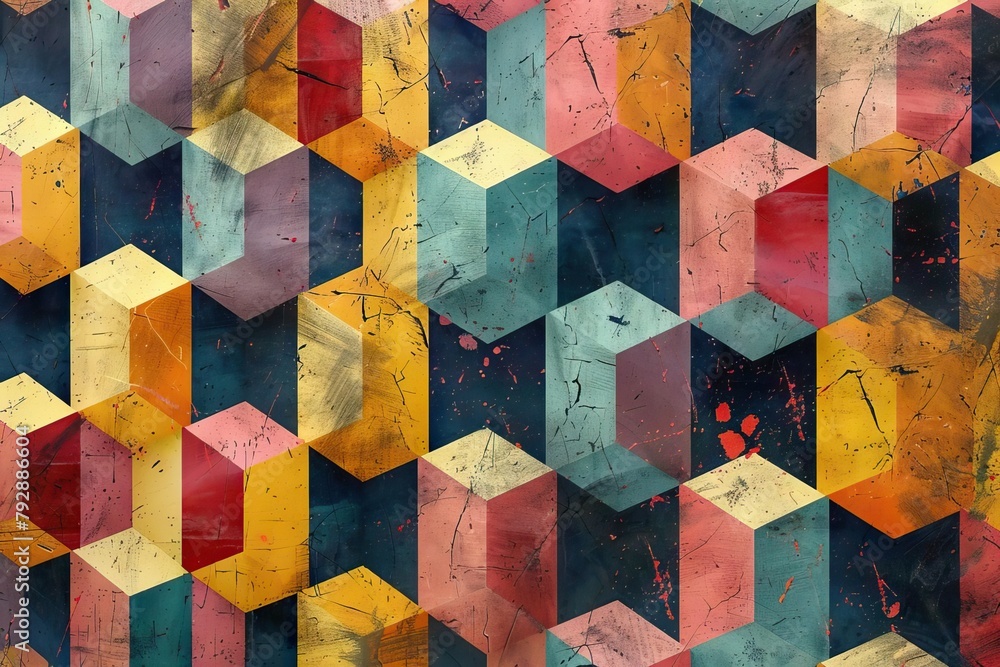 Colorful geometric mosaic with a 3D effect that gives the illusion of ...