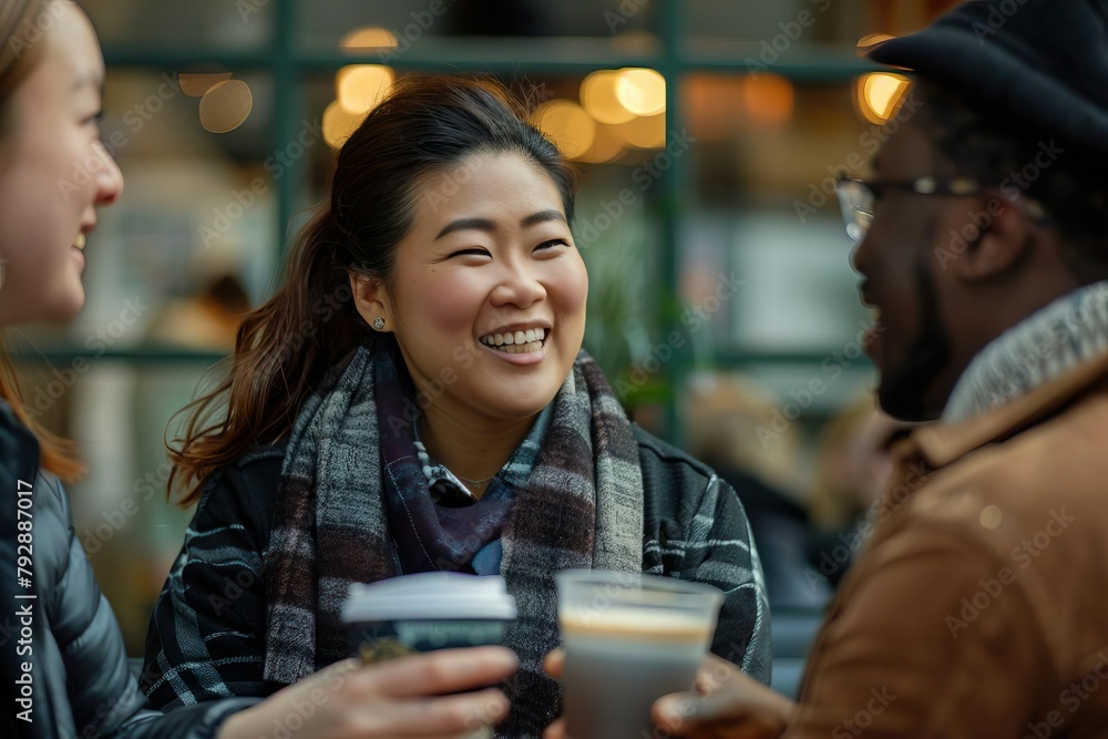 Candid photograph of a multicultural staff enjoying a casual coffee ...