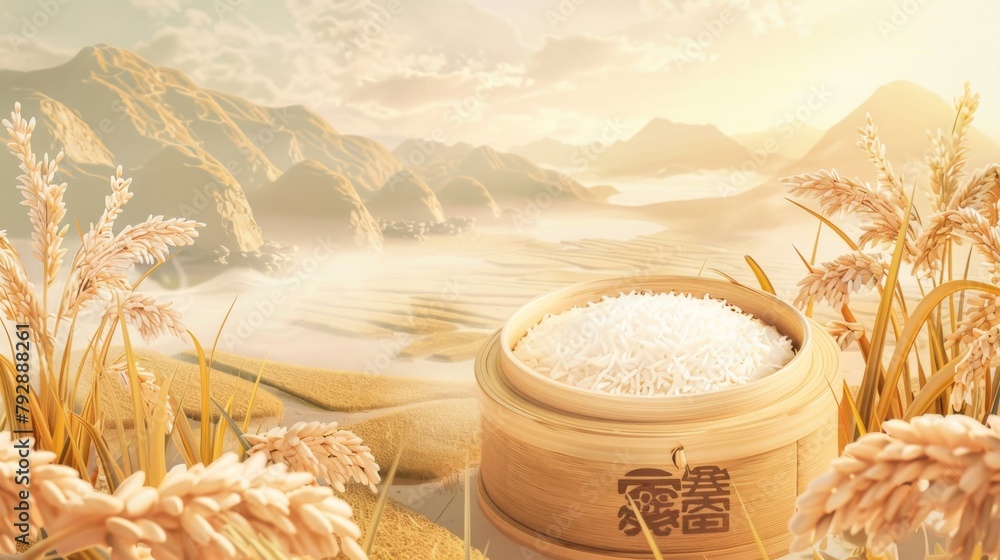 This template presents a 3D mock-up of steamed rice in a wooden ...