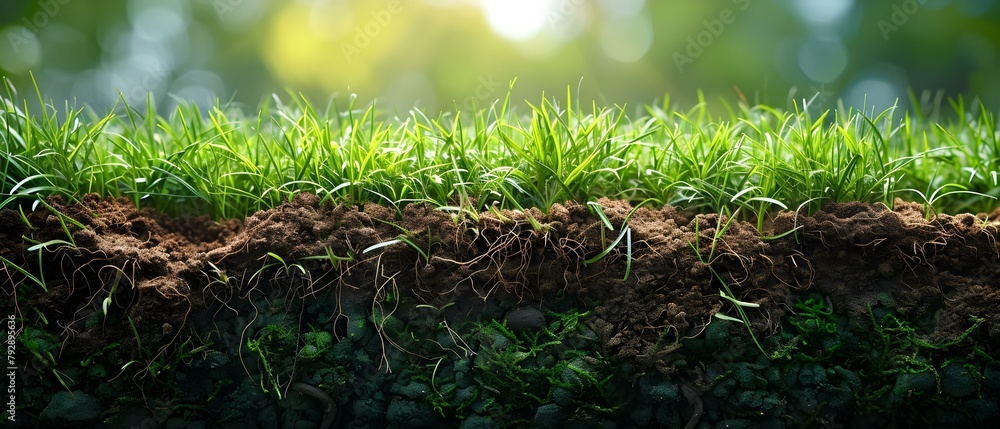 Layers of soil and roots visible in cross-section of green grass turf ...