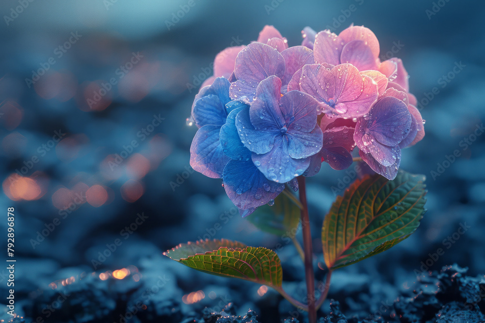 A scene showing the color change of a hydrangea flower from pink to ...