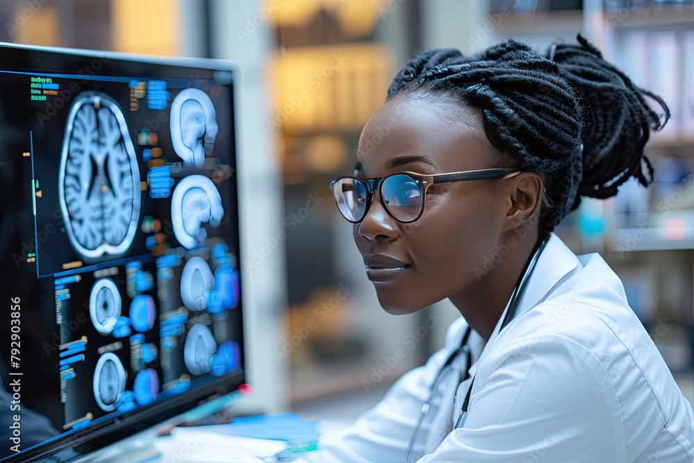 A woman wearing glasses is looking at a computer monitor displaying a ...