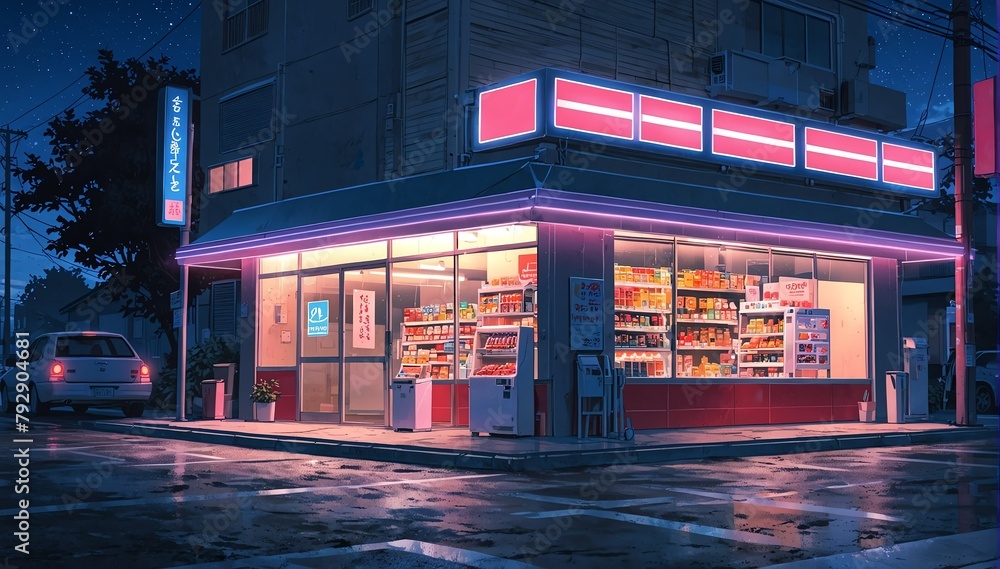 convenience store at night in landscape anime cartoon illustration from ...