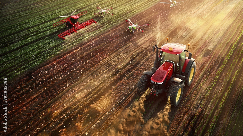 Tractors equipped with GPS technology plow the fields, while drones ...