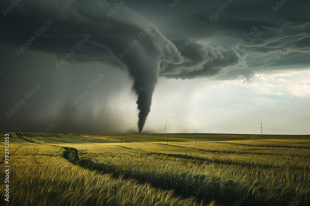 tornado in the distance, moving across open farmland, a stark and ...