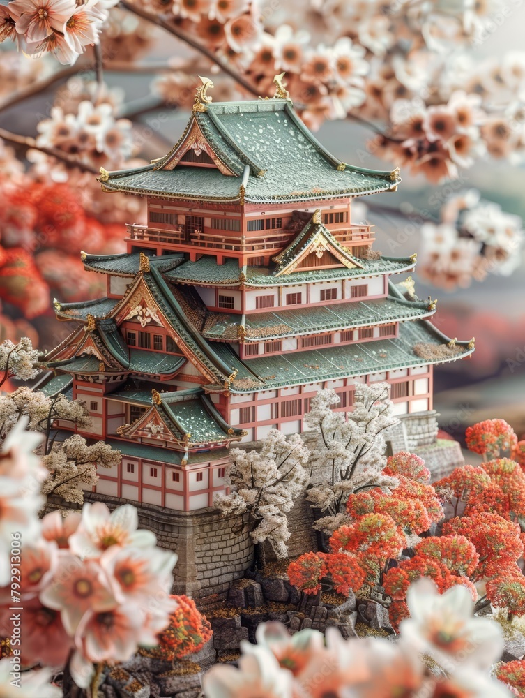 A detailed miniature model of Osaka Castle, surrounded by a garden of ...