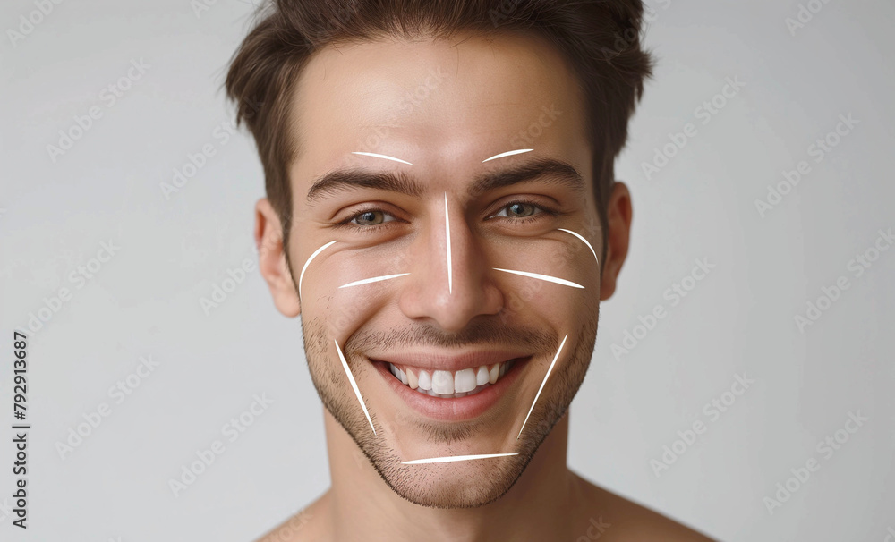 Male face with drawn lifting lines for a cosmetic procedure ...
