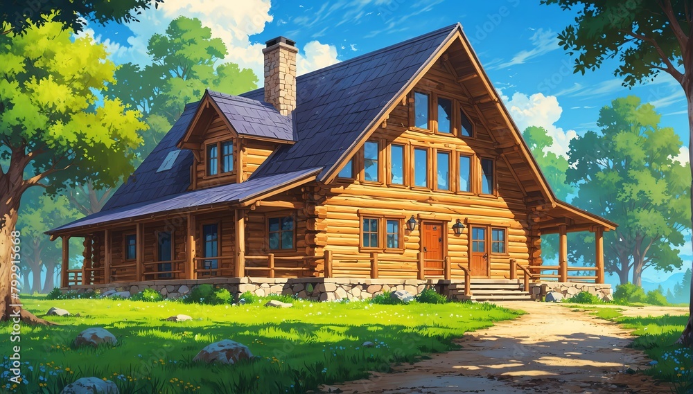 log cabin house at spring in landscape anime cartoon illustration from ...